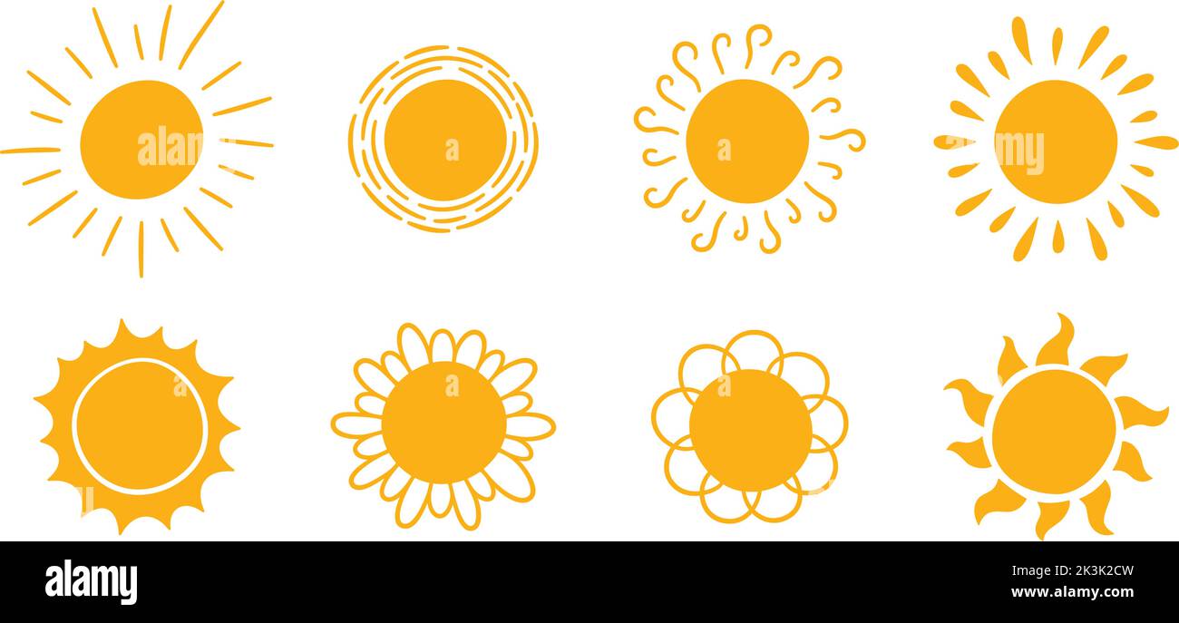 Doodle different sun icons set. Scribble yellow sun with rays symbols ...
