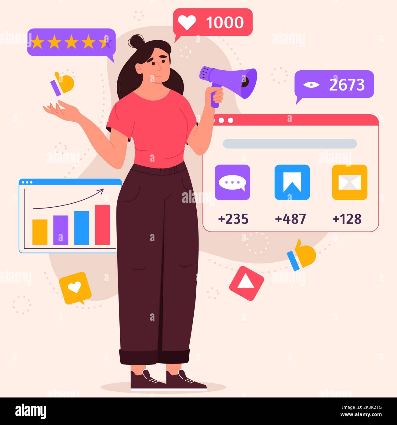 Social media marketing concept with woman with megaphone and icons of ...