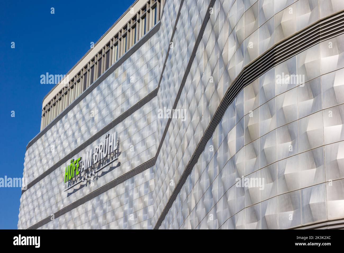 Silver facade of the Hofe Am Bruhl shopping center in Leipzig, Germany ...