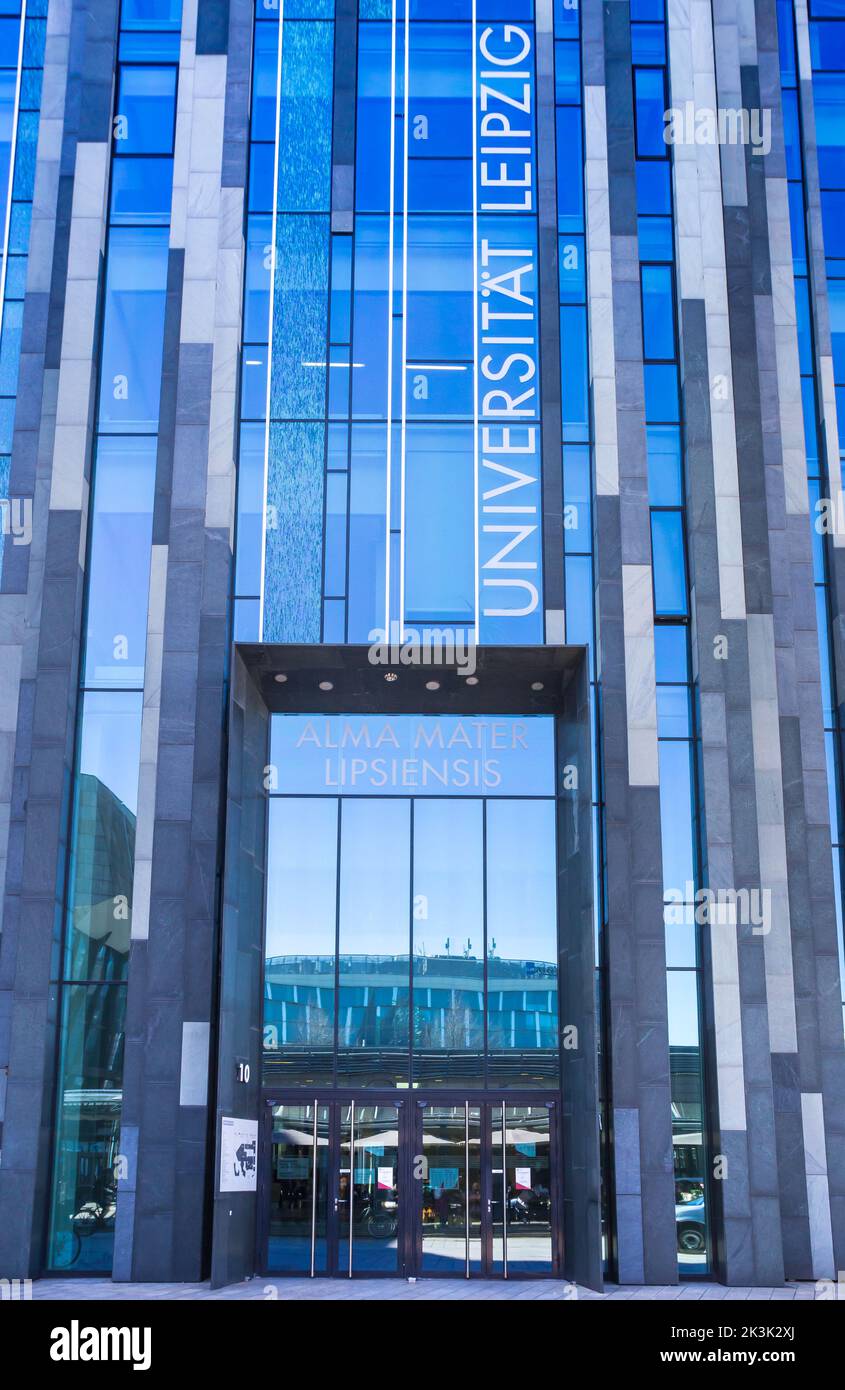 Entrance to the modern building of the university of Leipzig, Germany ...