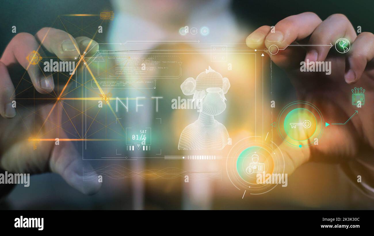 Male hands holding a futuristic device with NFT infographics Stock ...