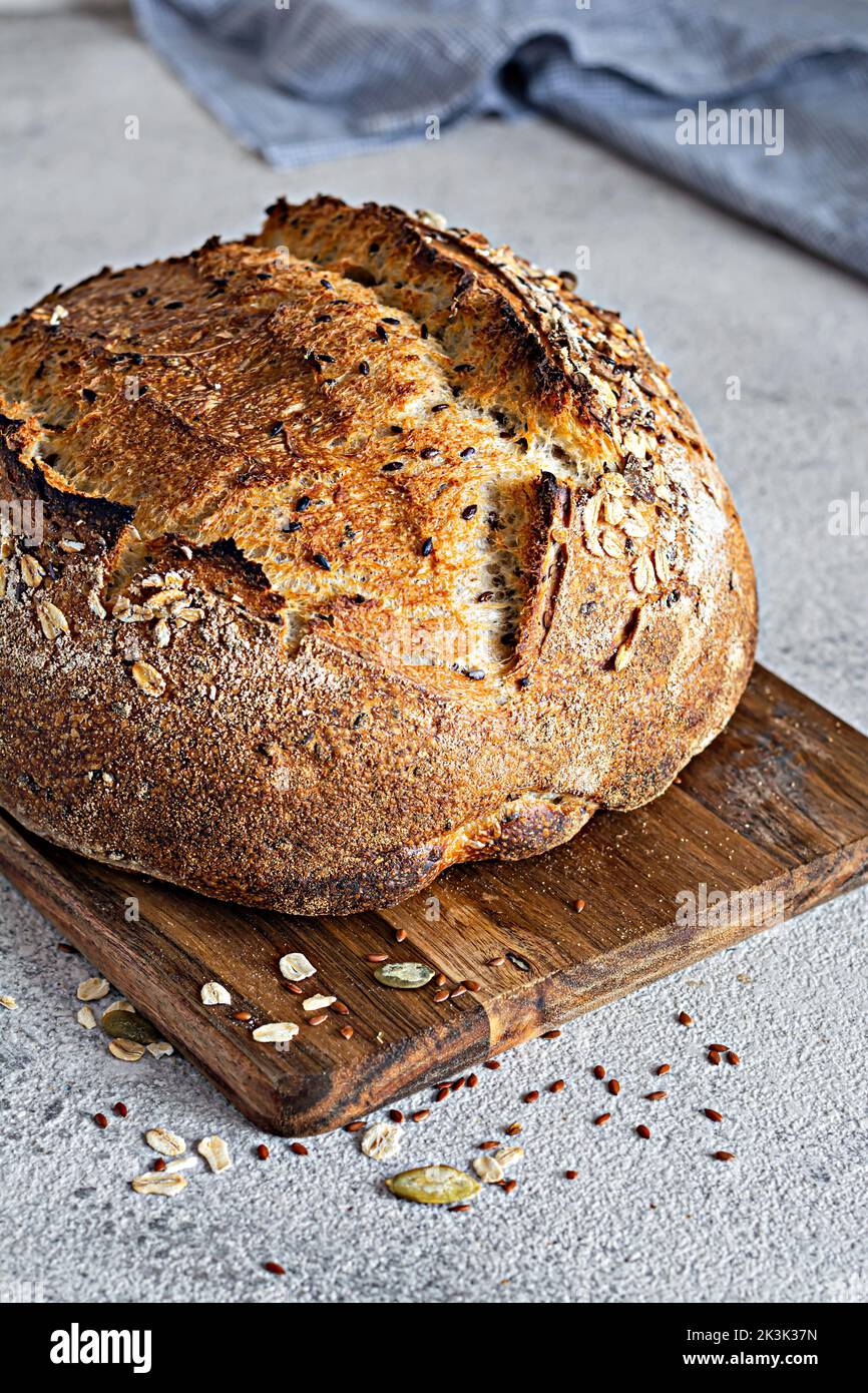 Fresh homemade bread (slice) from whole grain sourdough flour with the ...