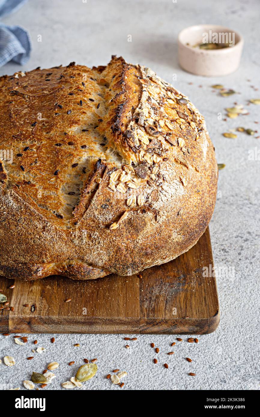 Fresh homemade bread (slice) from whole grain sourdough flour with the ...