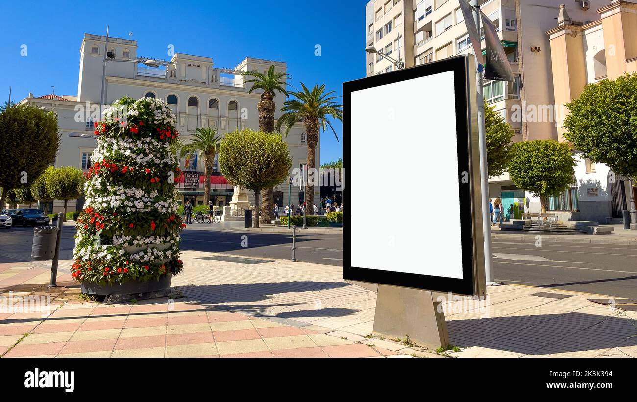 Mockup standalone big screen info kiosk. Digital media with blank white ...