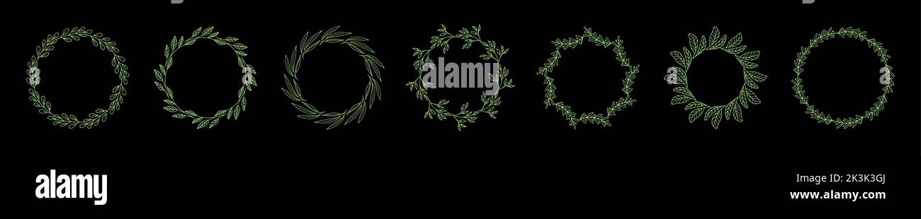 Floral circle hand drawn wreaths. Vector set of decorative round ...