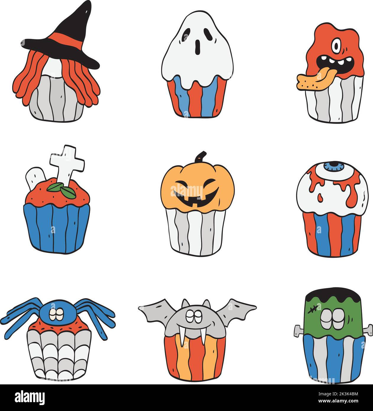 Vector illustration of cute Halloween cupcakes set.Isolated on white ...