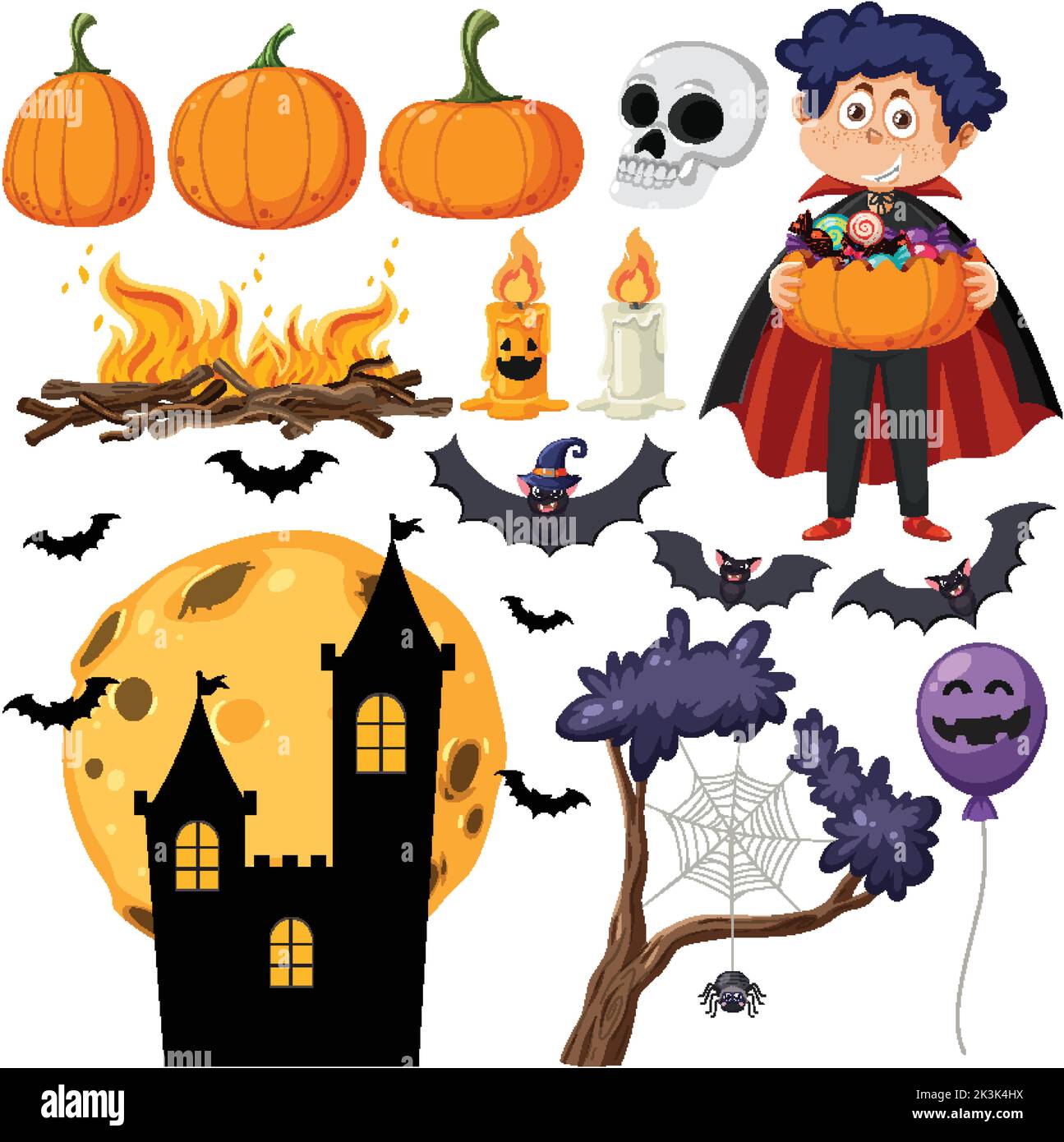 Halloween cartoon character and elements set illustration Stock Vector ...