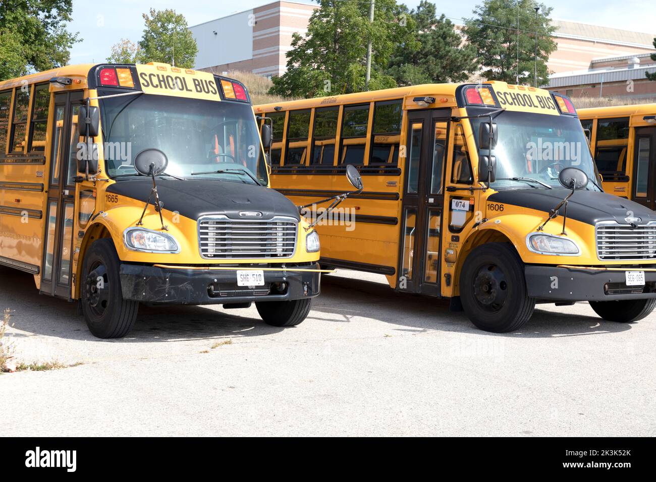 Yellow school bus with new amber and red warning lights. Ontario Canada ...