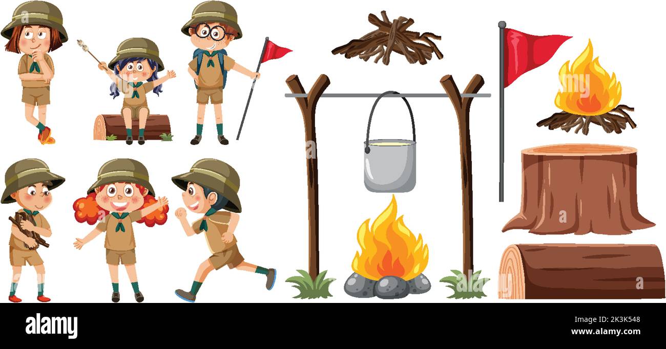 Children camping out cartoon character set illustration Stock Vector ...