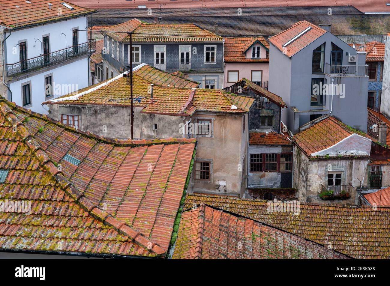 The brown brick rooftops of old buildings in Porto, Portugal Stock ...