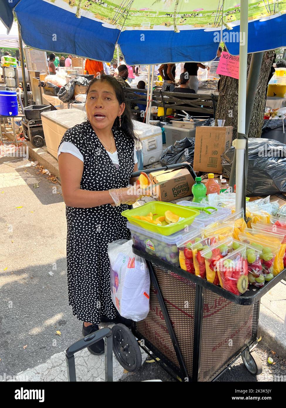 Woman makes mango slices for sale along with other fresh fruits along ...