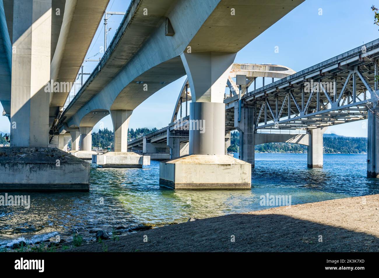 Beneath the Interstate 90 bridges in Seattle, Washington Stock Photo ...