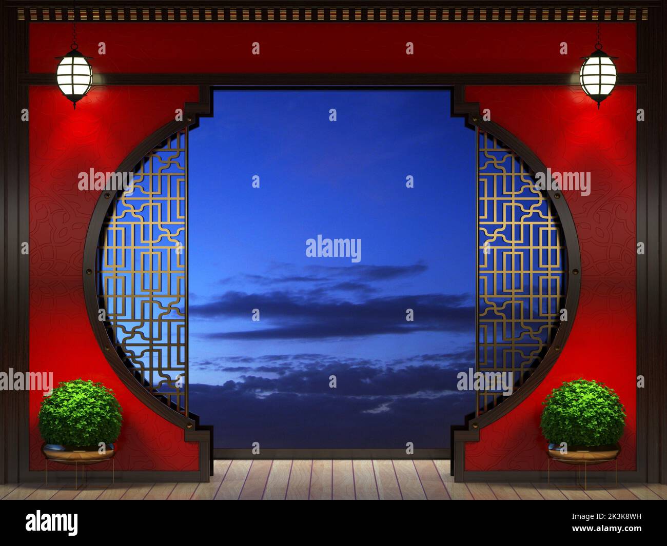 Red and gold east asian wall partition Stock Photo - Alamy