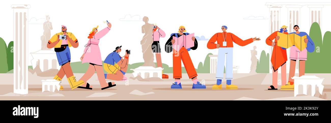 Tourists travel, excursion with guide. People group with backpacks, map ...