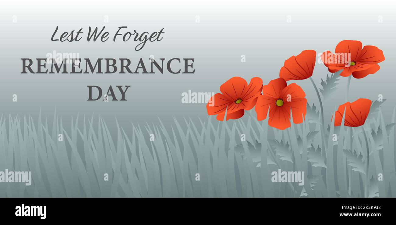 Remembrance Day black white background illustration with red poppy ...