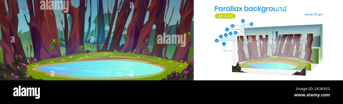 Parallax background clear lake in summer forest cartoon landscape ...