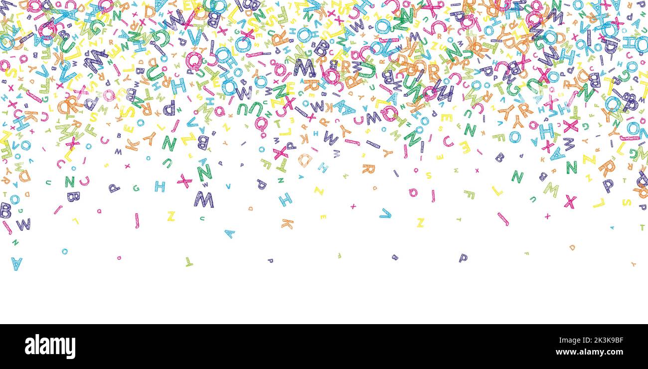 Falling letters of English language. Colorful messy sketch flying words ...