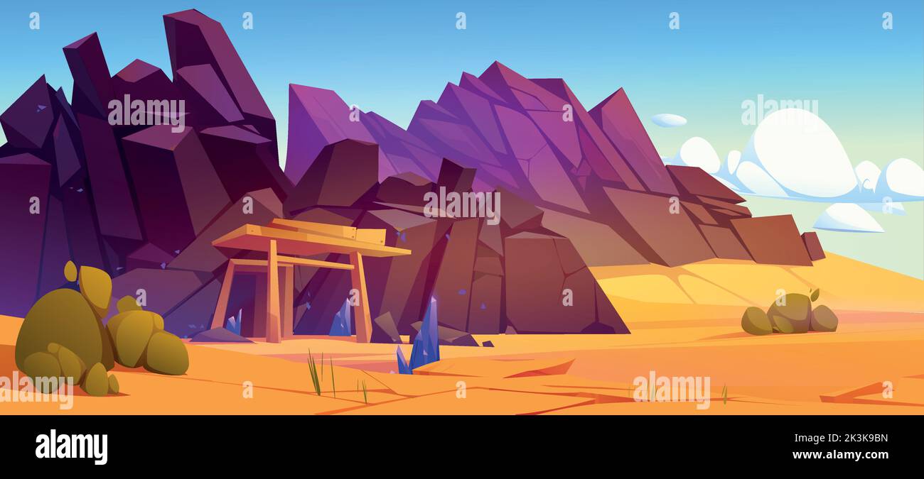 Old mine entrance gui cartoon background. Cave exit with blue saphire ...