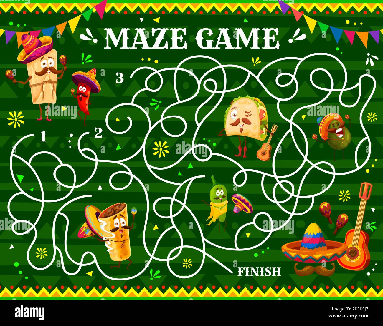 Labyrinth maze with vector mexican tacos, avocado and chimichanga ...
