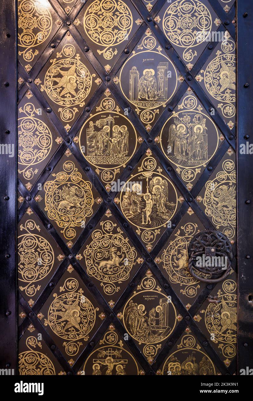 Religious images in the technique of fire gilding on the door of 13th ...
