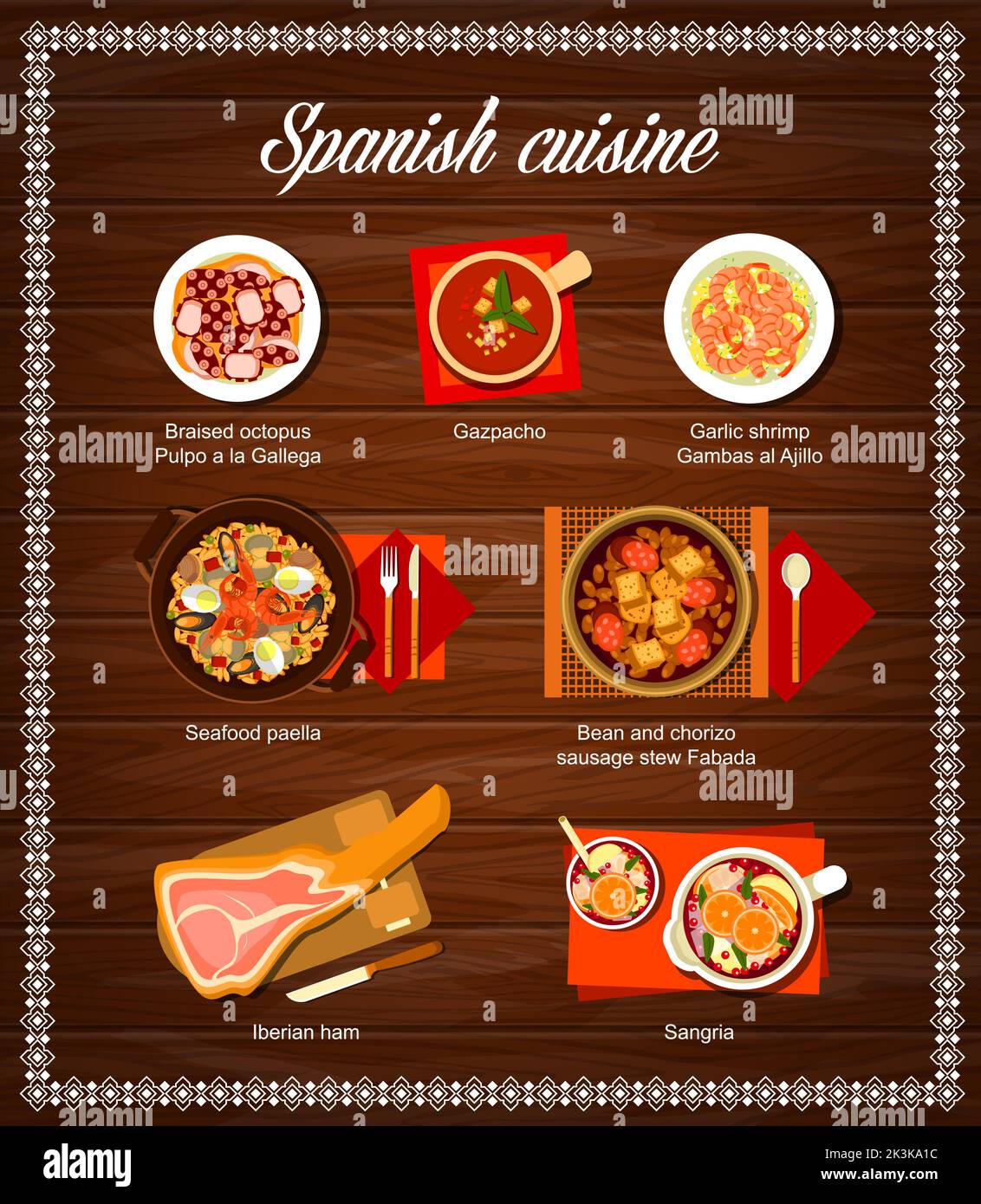 Spanish cuisine restaurant menu template. Braised octopus Pulpo a la ...