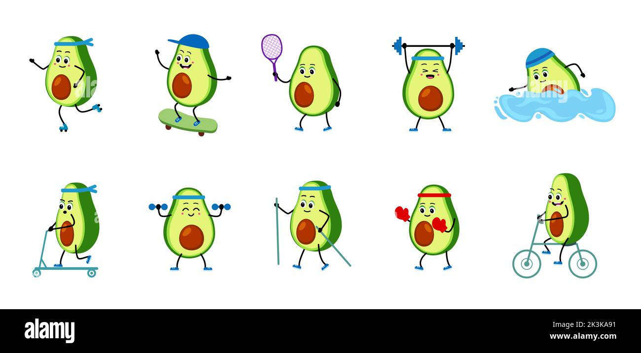 Cute Avocado character does sports. Sports, swimming, cycling, boxing ...