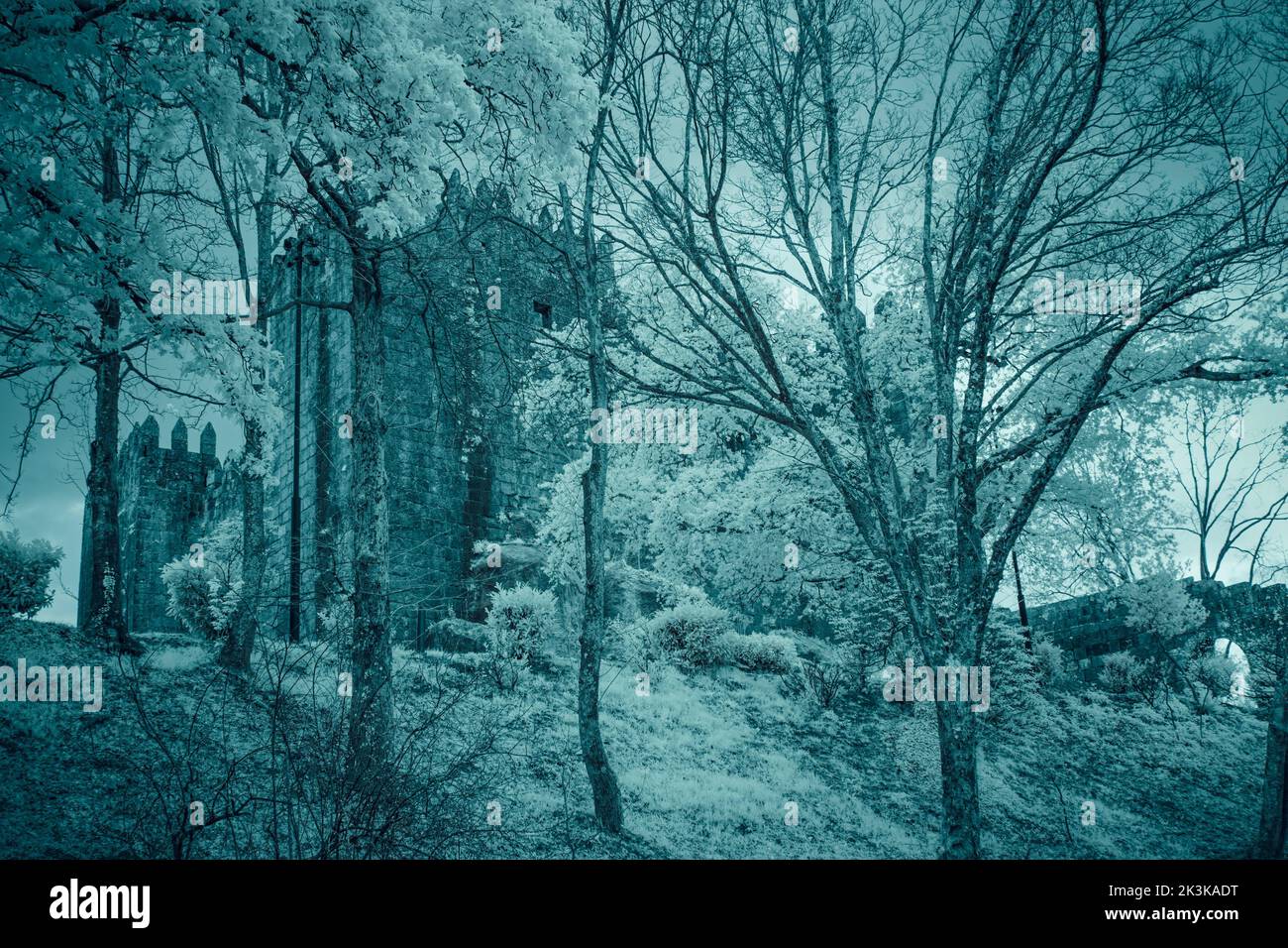 Creepy and mysterious medieval castle. Used infrared filter. Toned ...