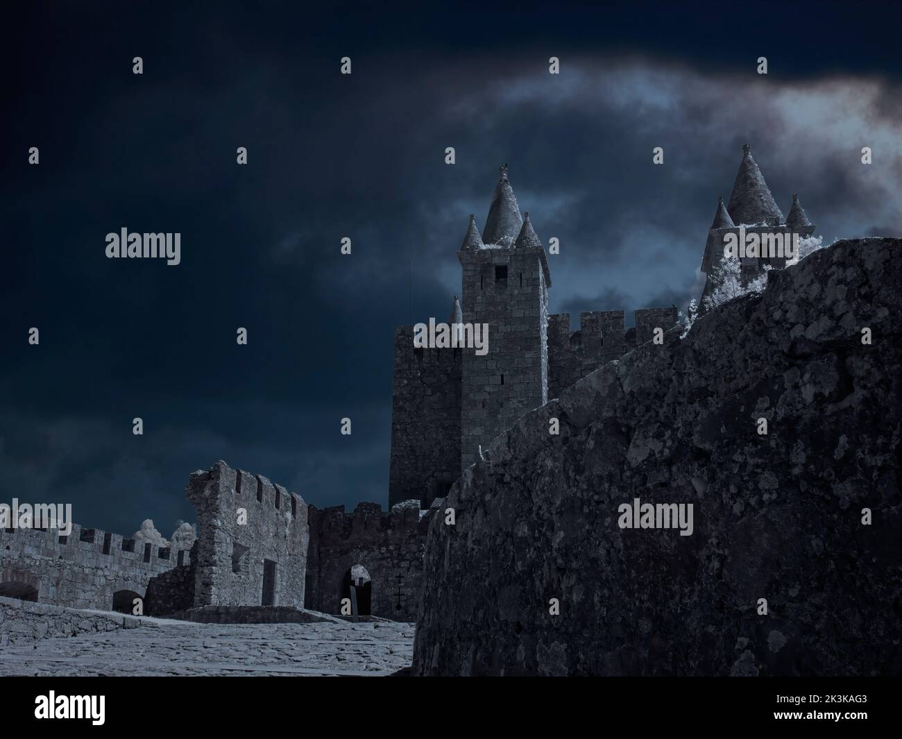 Old spooky medieval castle in moonlight night Stock Photo - Alamy