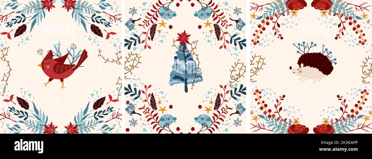 Cute winter composition with northern cardinal, funny hedgehog and ...