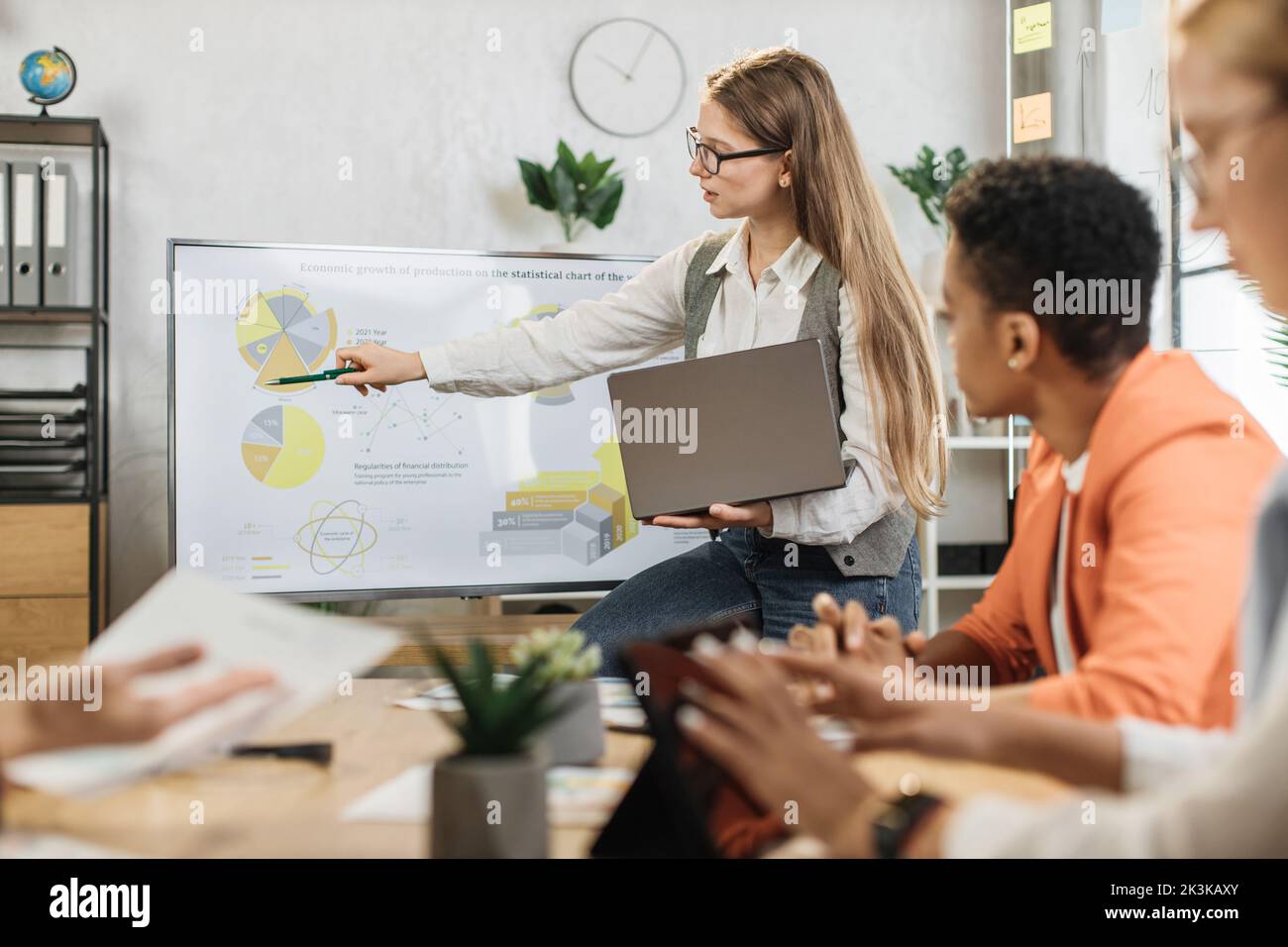 Caucasian woman presenting financial report on monitor for multiracial ...
