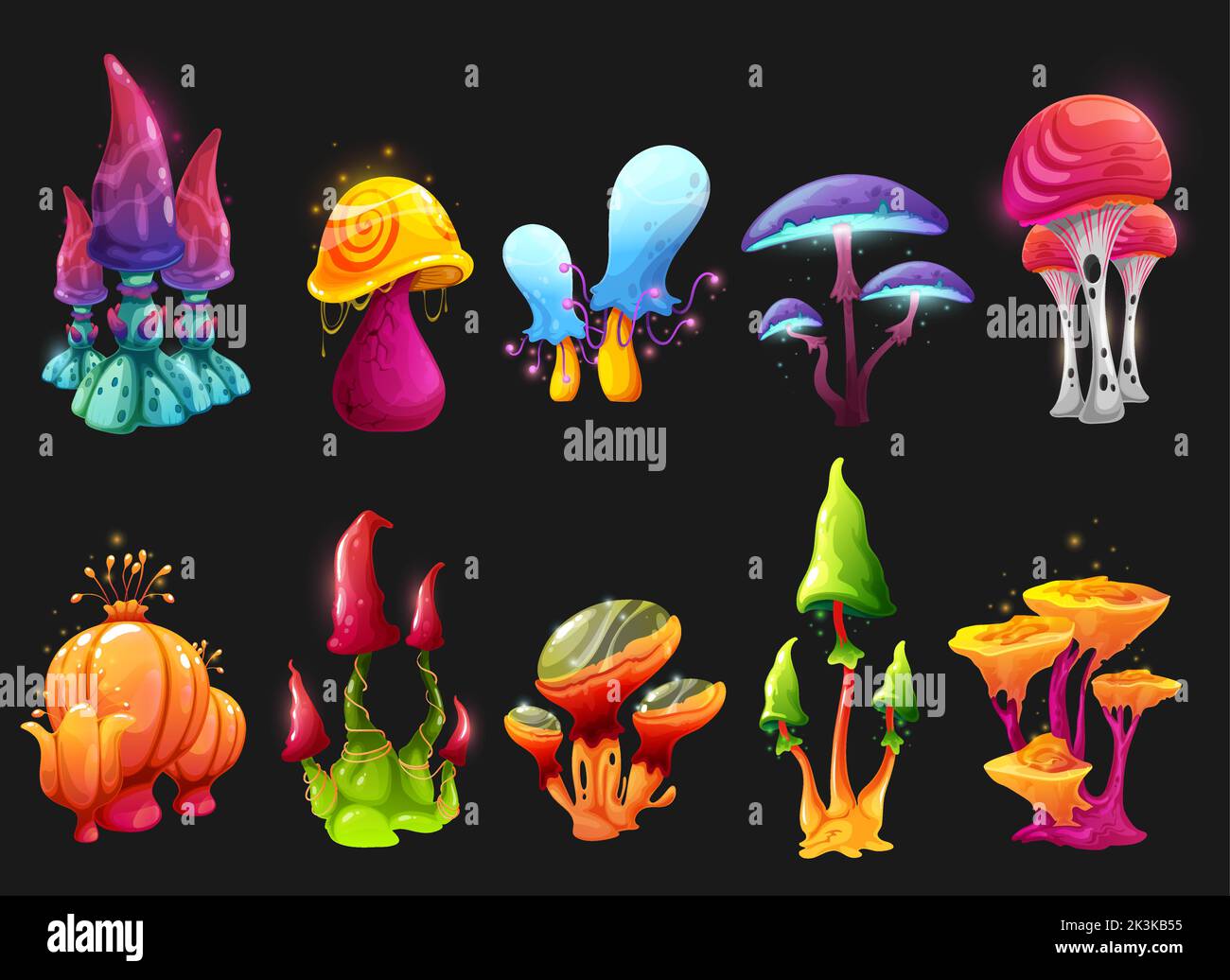 Magic fairy mushrooms and toxic toadstools, vector cartoon fantasy ...