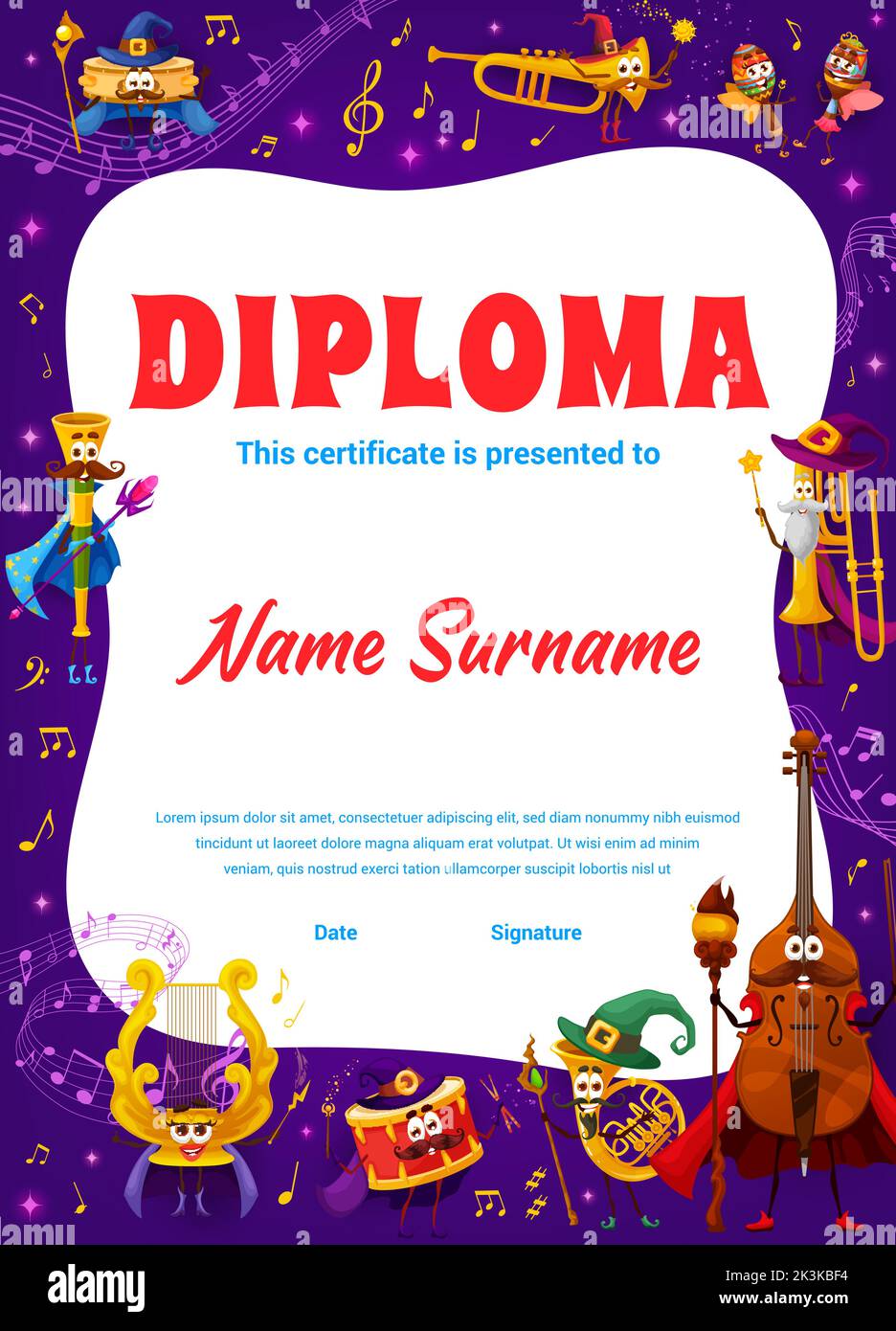 Kids diploma. Sound and music waves, wizard and fairy musical ...