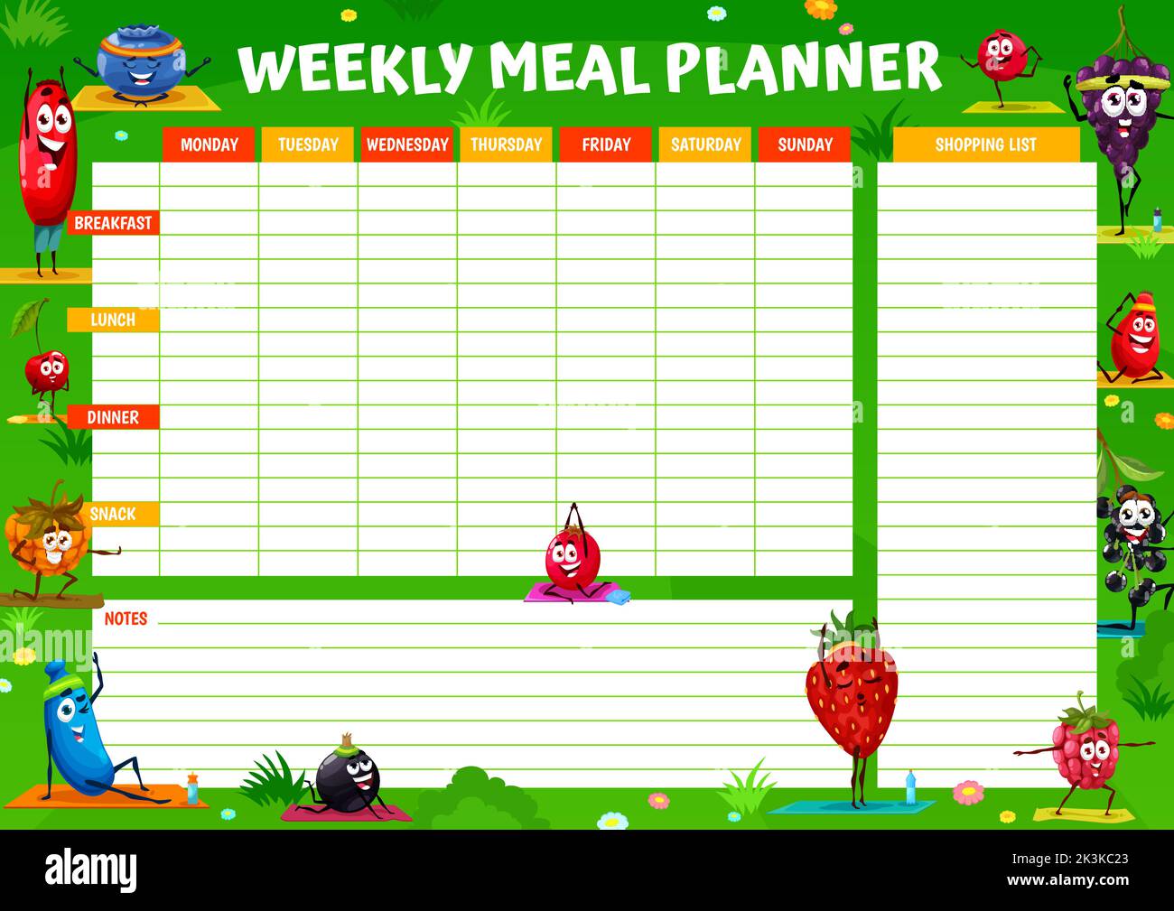 Weekly meal planner. Cartoon berry characters on yoga fitness ...