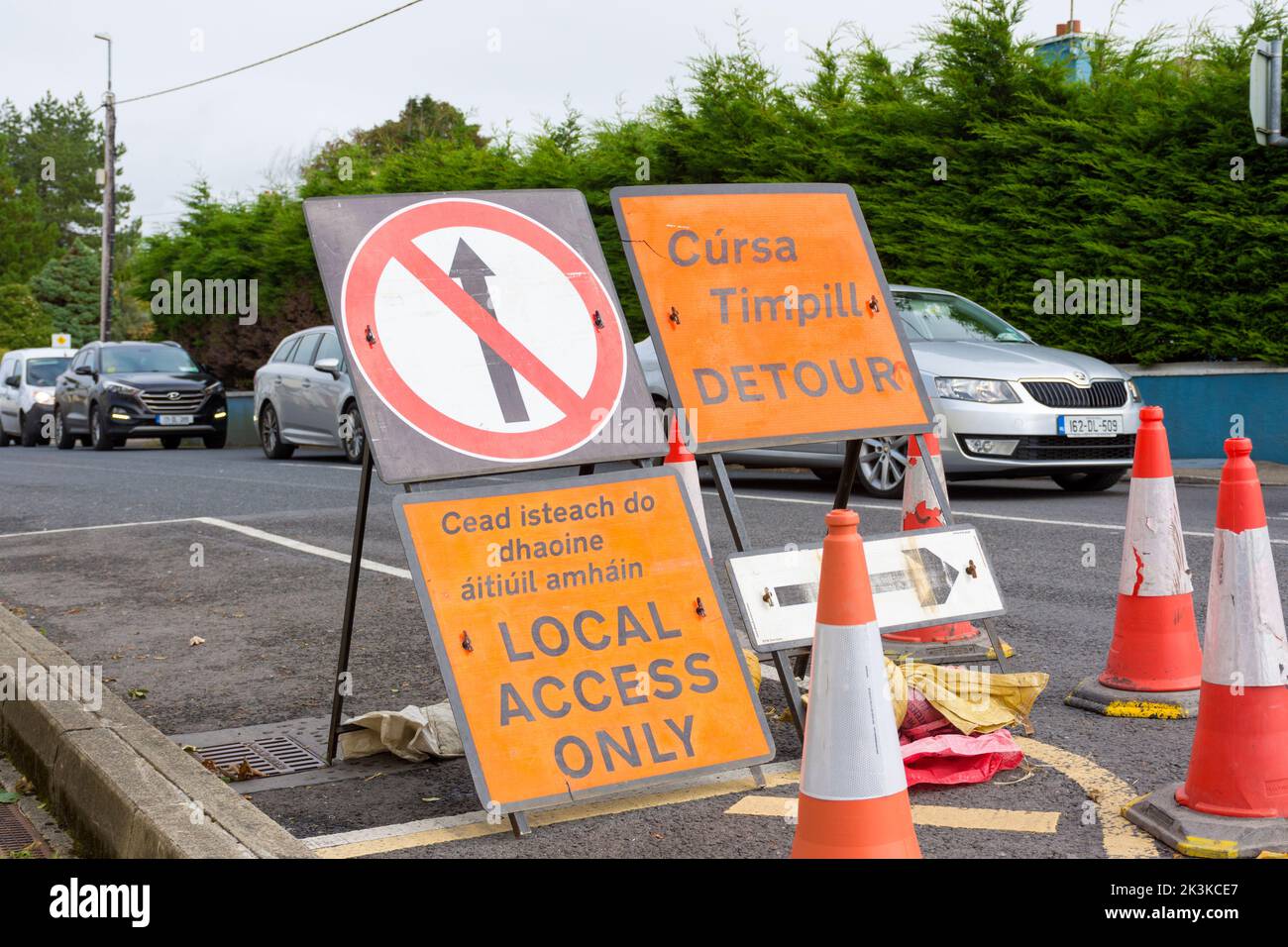 Roadworks signs. Local access only, detour, in English and Irish gaelic ...