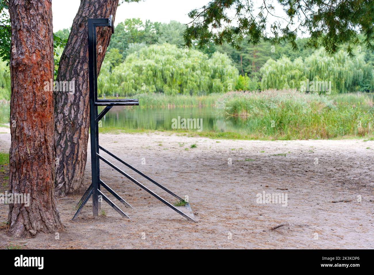 Free standing outdoor pull-up and parallel bars stand in the forest at ...