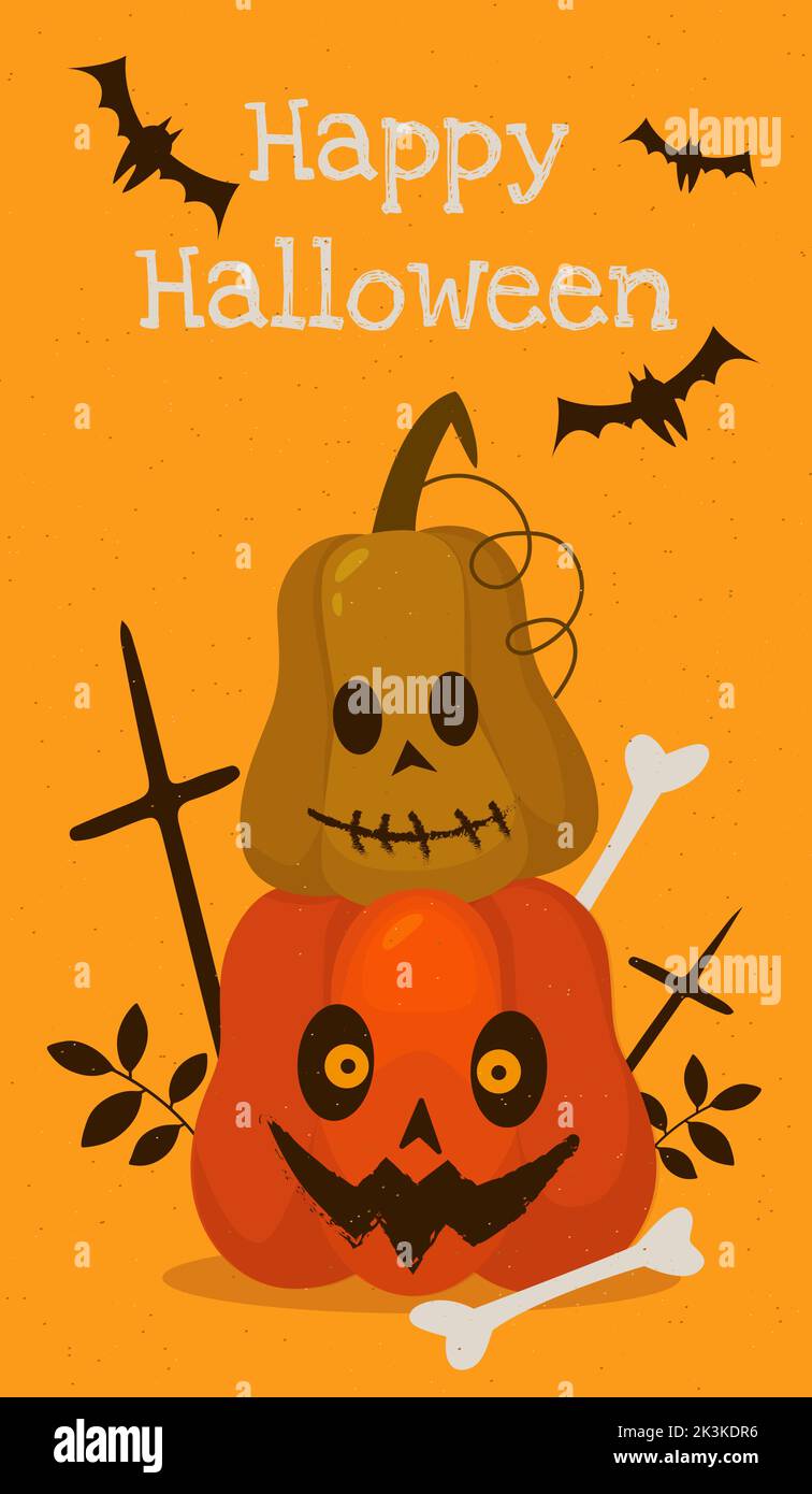 Lettering Happy Halloween pumpkin crosses bones and bats Stock Vector ...