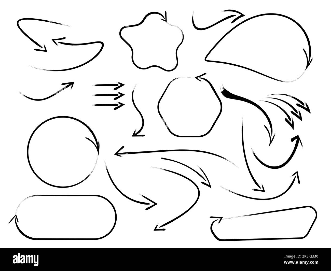 A vector pack of line designs of text bubbles and arrows in black on a ...