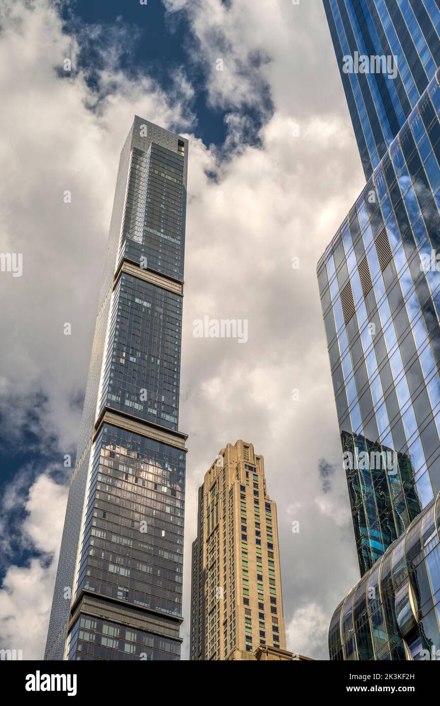 Low angle view of glassy skyscrapers in Midtown Manhattan, New York ...