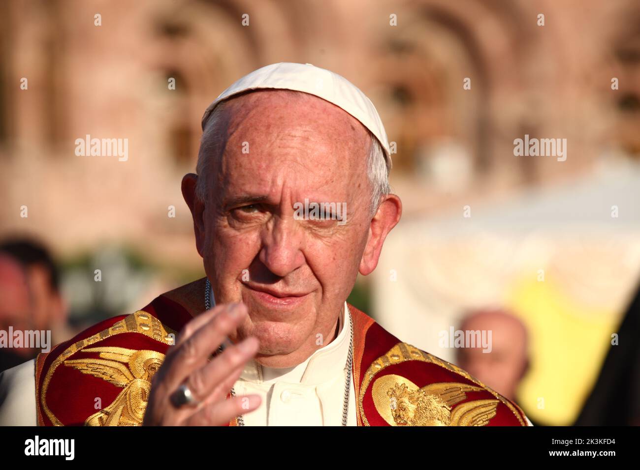 The portrait of Pope Francis on a sunny day in Yerevan Republic Square ...