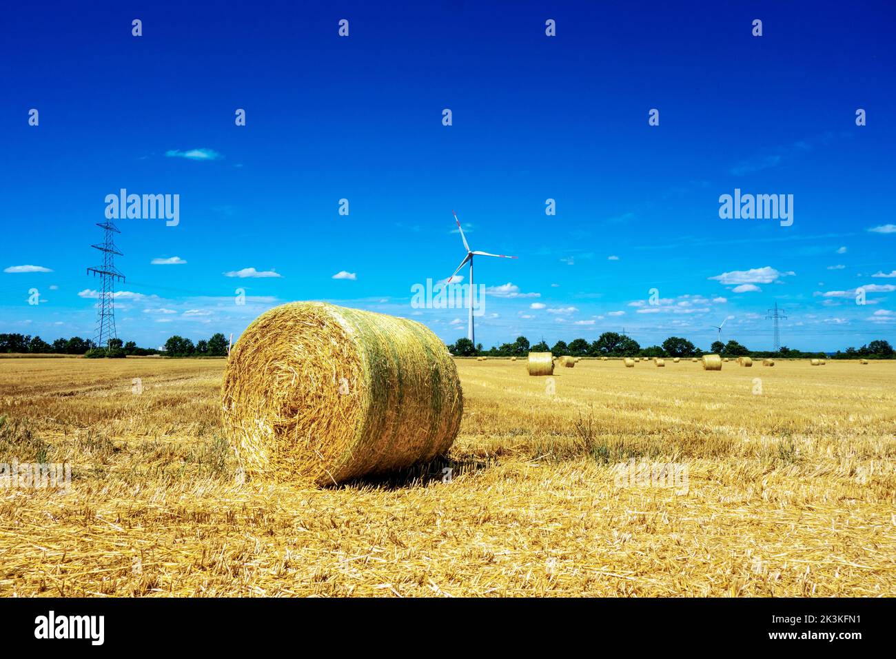 Straw bales in the field with wind turbines in the background Stock ...