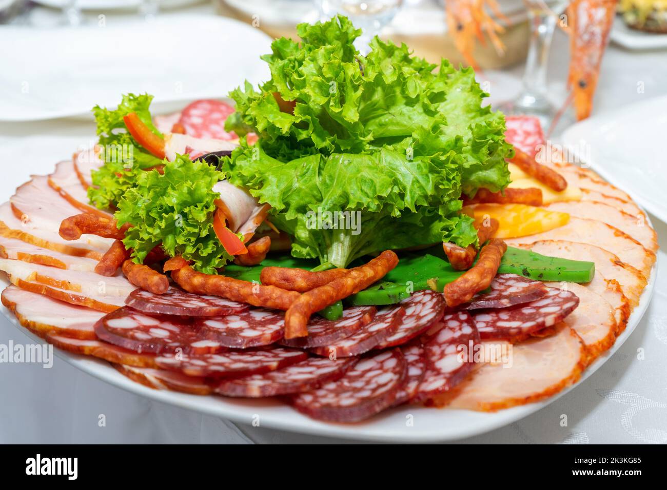 Meat slices decorated with salad. Clouse up Stock Photo - Alamy