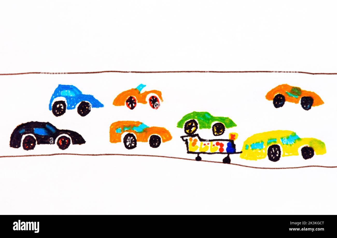 Color cars driving on a road. A child hand drawing that was made using ...