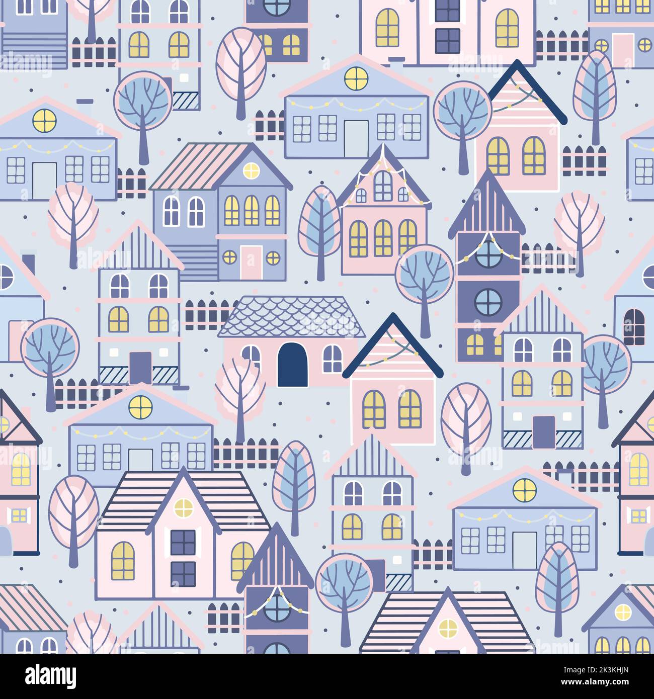 Vector Seamless pattern with hand drawn tree and house. Great for ...