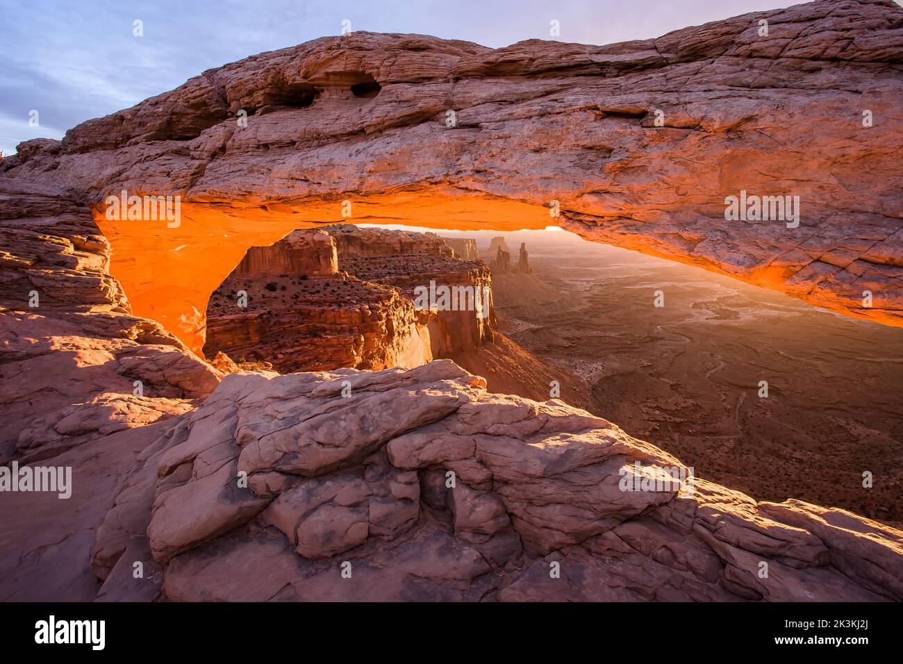Mesa Arch at sunrise with the Washer Woman Arch, Monster Tower ...