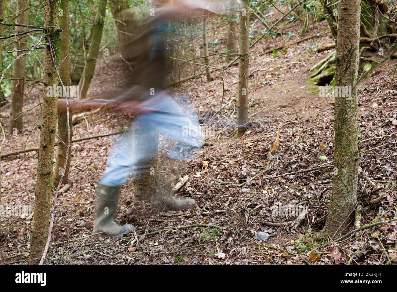 A blurry image of a man walking through woods with a gun Stock Photo ...