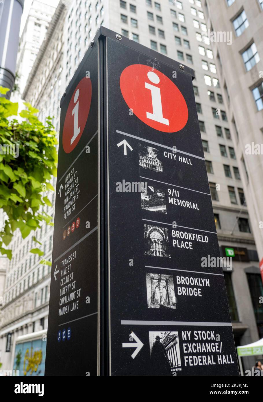 Information sign post in lower Manhattan in the financial district, New ...