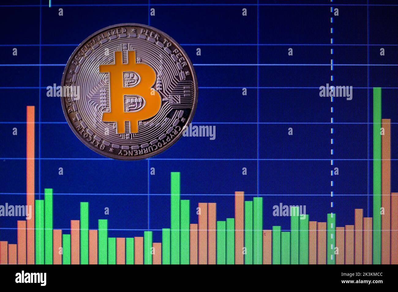 Silver Bitcoin cryptocurrency with candle stick graph chart and digital ...