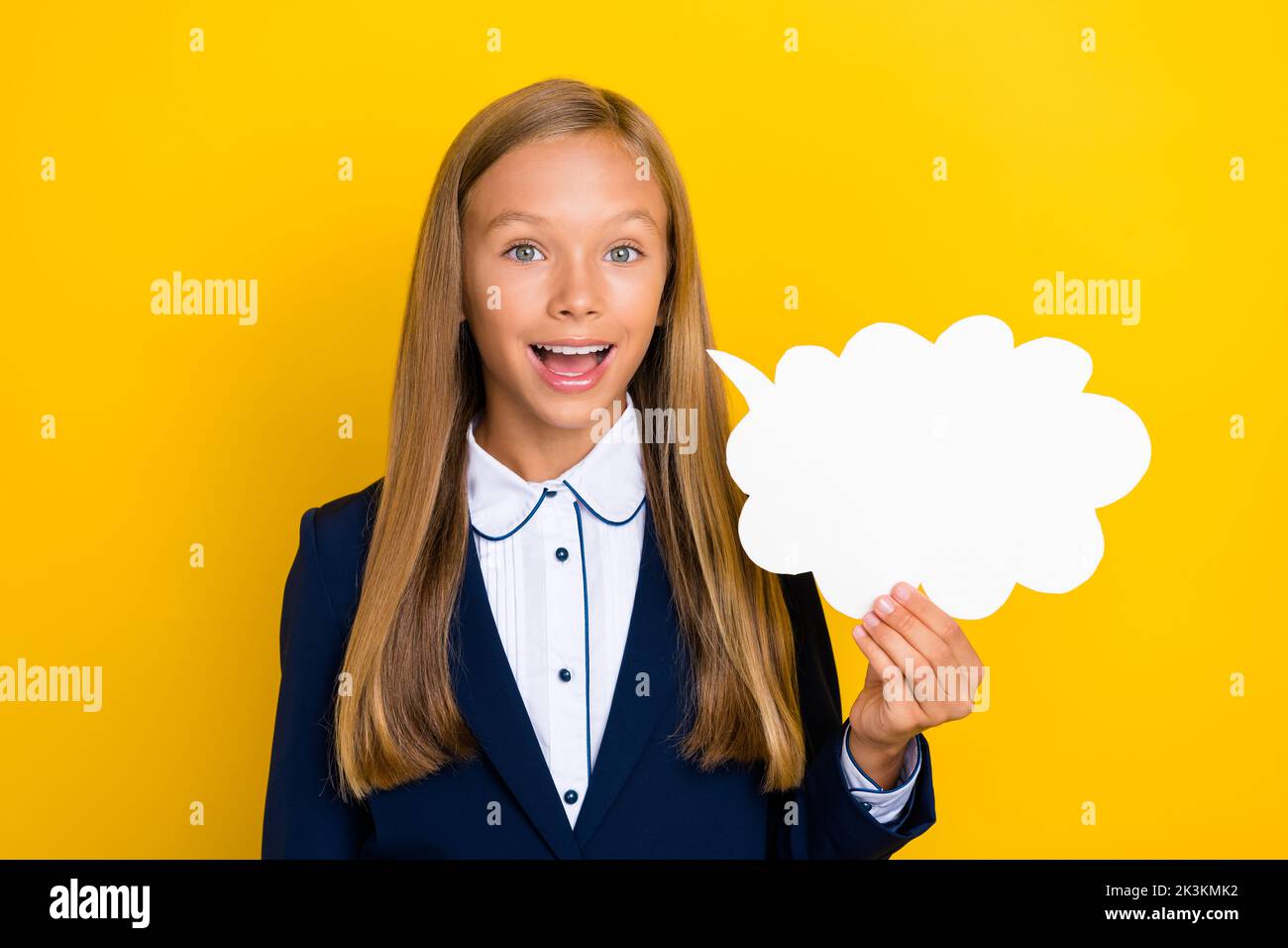 Photo of cheerful positive girl hand hold white card give answer report ...