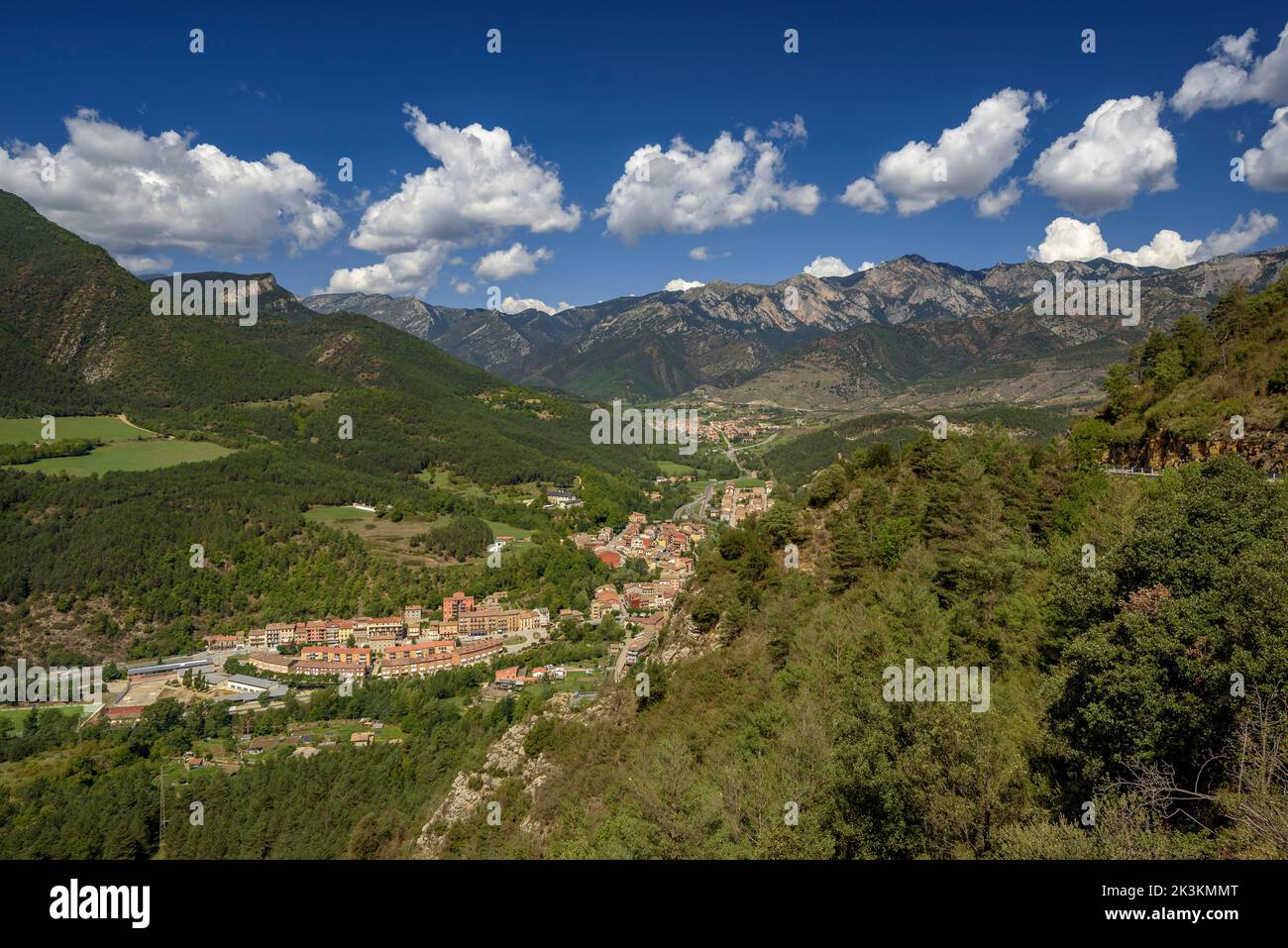 Llobregat valley, Guardiola de Berguedà and Bagà villages seen from the ...