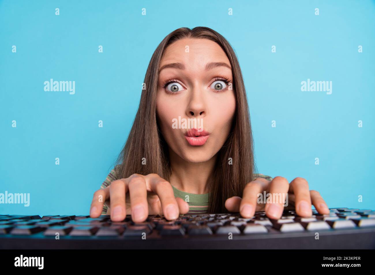 Closeup photo of young crazy amazed nice lady surprised typing keyboard ...